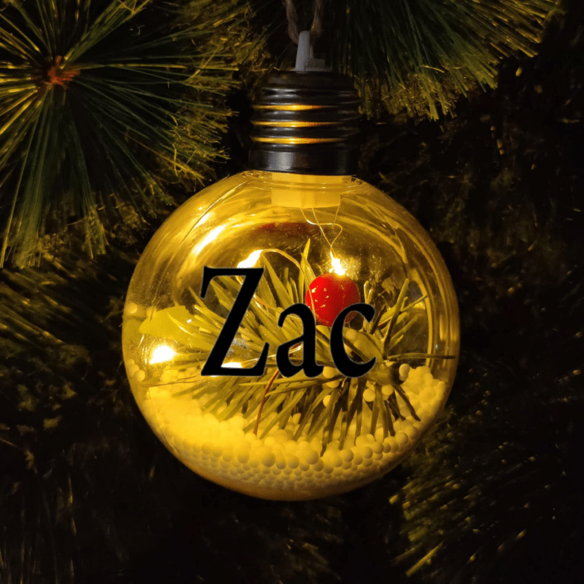 Personalised with Font Name Zac – 8cm Light Up Bauble – Creative Glams